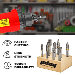 Tungsten Carbide Burr Set 1/4" Shank 10PC Double Cut Rotary Cutting Burrs Die Grinder Bits for Steel and Wood Working, Grinding, Carving, and Engraving