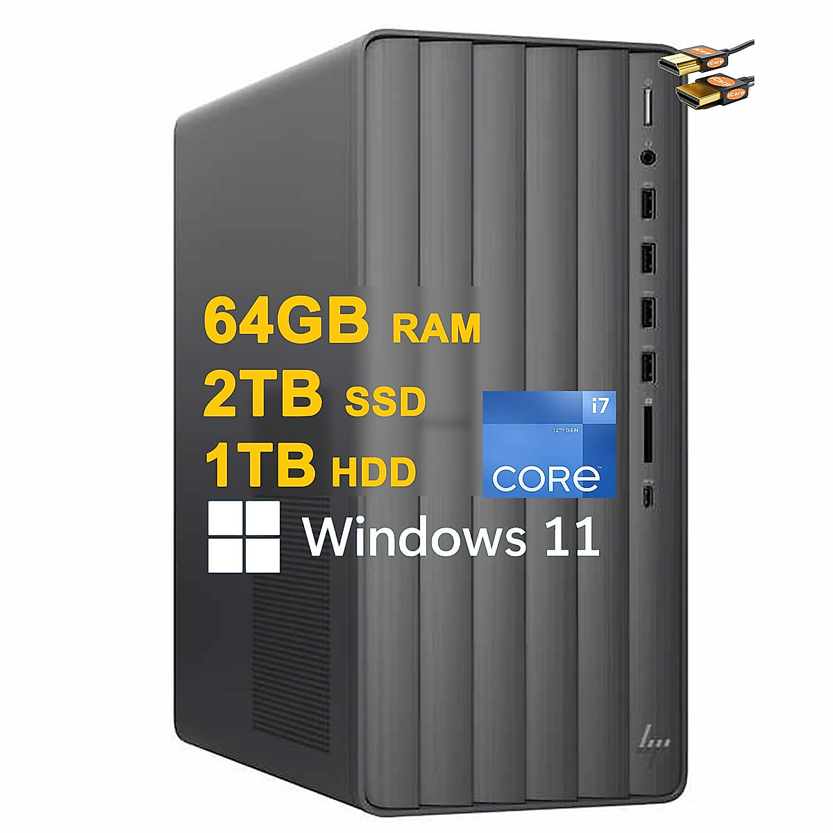 HP Envy Business Tower Desktop Computer 12th Generation Intel 12-Core i7-12700 Processor 64GB RAM 2TB SSD + 1TB HDD Intel UHD Graphics 770 USB-C SuperSpeed USB VGA Bluetooth Win11 Black + HDMI Cable