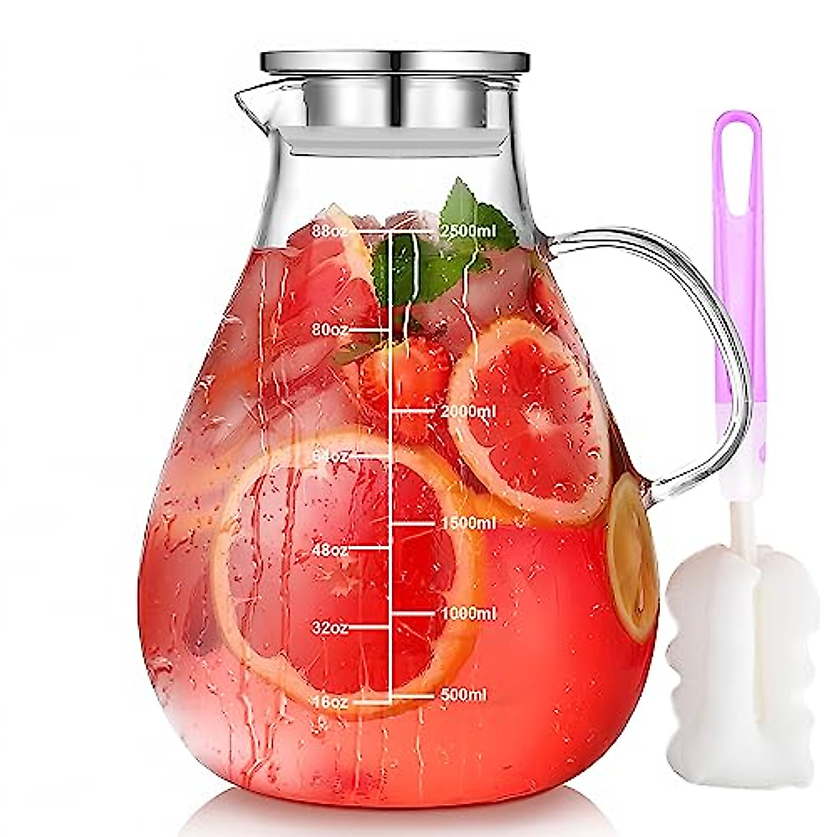 Glass Pitcher with Lid, 88 oz/2500ml Glass Water Pitcher with Precise Scale Line, Hot/Cold Water Jug, Iced Tea, Juice, Milk, Coffee, Lemonade Beverage Carafe with Lid