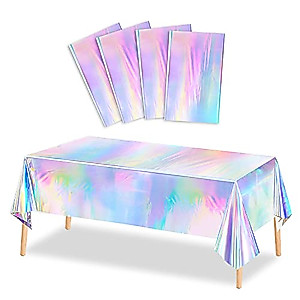 4 Pack Iridescence Plastic Tablecloths Shiny Disposable Laser Table Covers 54" x 108" Sequin Holographic Foil Tablecloths for Birthday, Wedding, Party, Picnic, Buffet, Christmas Decorations