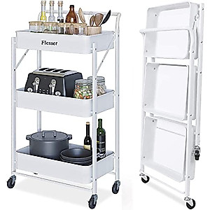 3 Tier Rolling Cart Foldable Storage Cart with Wheels No Assembly Request Kitchen Utility Organizer with Handing Cup, White