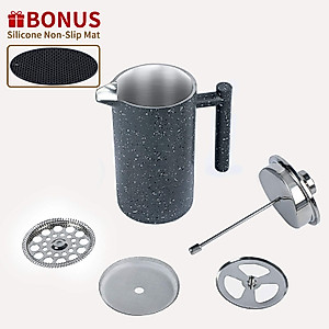 BAZZEFF French Press Coffee Maker 34oz with Double-Insulated Stainless Steel Large Metal Coffee Press with 3 Layer Filtration System for Ultimate Coffee Tea Brewing in Travel Camping or Home