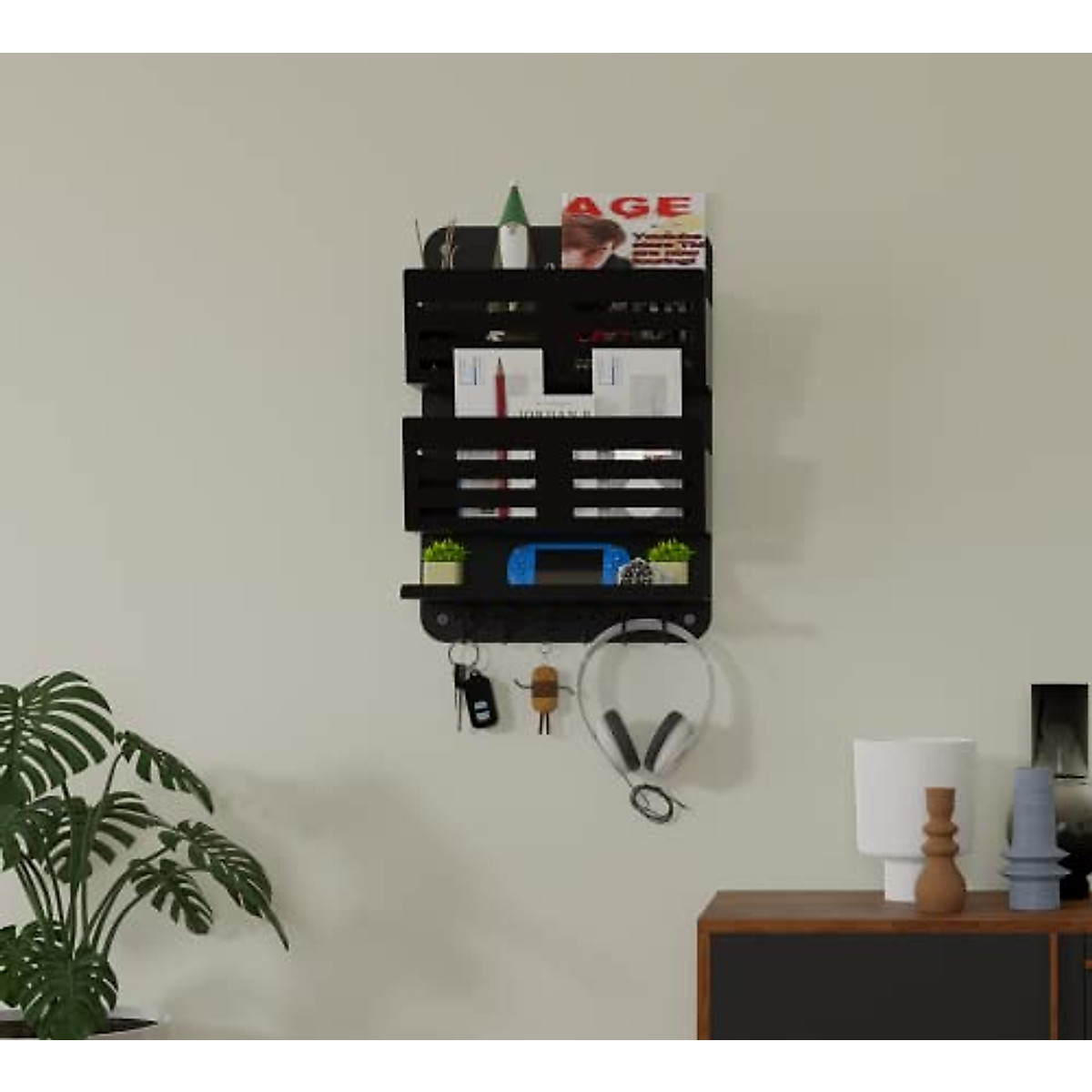 Beyond Decor Key Holder & Mail Shelf- Wall Organizer Rack for Keys, Letters, Bills, Phones - Perfect for Entryway, Kitchen (Matte Black, Love Lives Here)