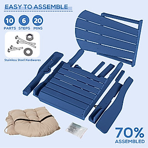 LOENIY Adirondack Chair with Cushion & Cup Holder, HDPE Folding Adirondack Chair with Wood-Like Grain Outdoor Fire Pit Chairs for Patio/Porch/Swimming Pool/Camping (Blue)