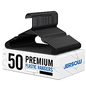Jersow Black Plastic Hangers 50 Pack, Clothes Hangers Space Saving, Heavy Duty Coat Hangers for Closet, Non Slip Clothing Notched Hangers, Durable Slim Black Hangers for Coat, Shirt, Short, Suits