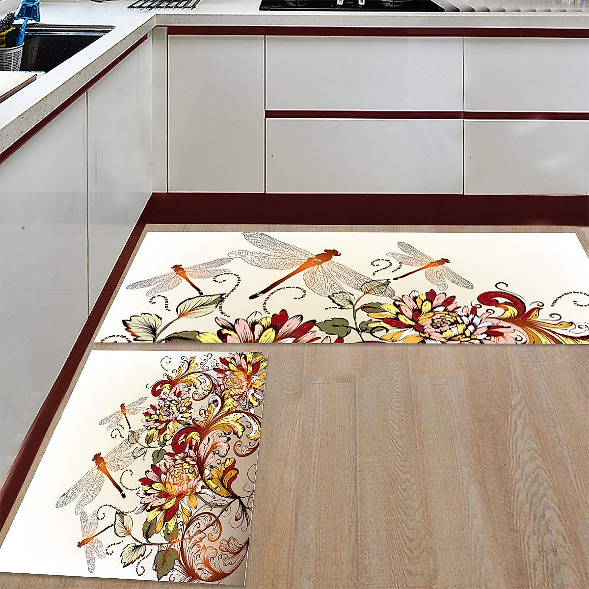 Teamery Kitchen Mat 2PCS, Dragonfly Flowers Kitchen Rugs for Kitchen Organization, Home Decor Anti-Fatigue Kitchen Floor Mats Non-Slip Kitchen Decor Runner Rug, Room Decor Standing Desk Mats