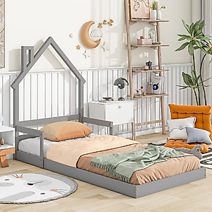 Zyerch Twin House-Shaped Headboard Floor Bed with Handrails,Wooden Bed Frame with Slat for Kids, Teens, Boys Or Girls,Grey