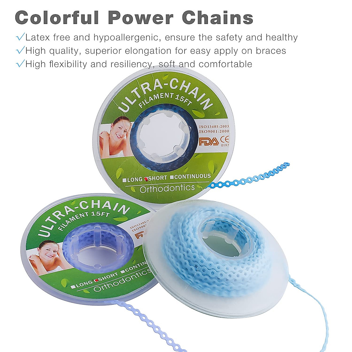 faruijie Colourful Elastic Power Chain for Braces Dental Orthodontic Powerchains 3 Sizes Ortho Rubber Band(Long,Black 9#)