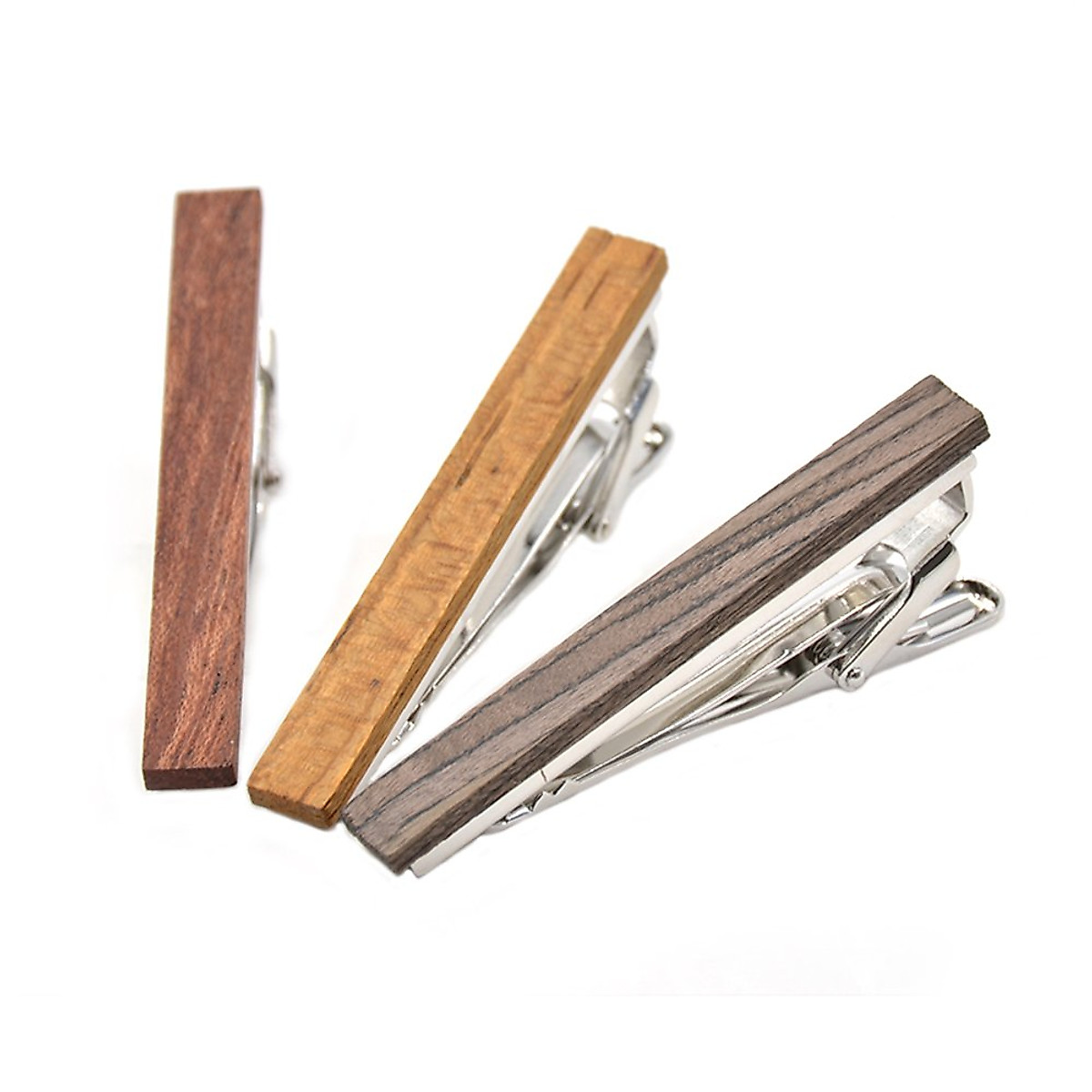 MERIT OCEAN Smart Men's Wood Tie Clips for men 3 pcs Natural Tie Bar 2.1 Inch in Gift Box