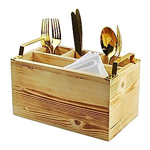 Spiretro Flatware Caddy, Cutlery Utensil Holder, Silverware Condiment Organizer for Kitchen, Dining, Entertaining, Tailgating, Picnics, 4 Compartments，Solid Torched Wood with Golden Metal Handle-Beige
