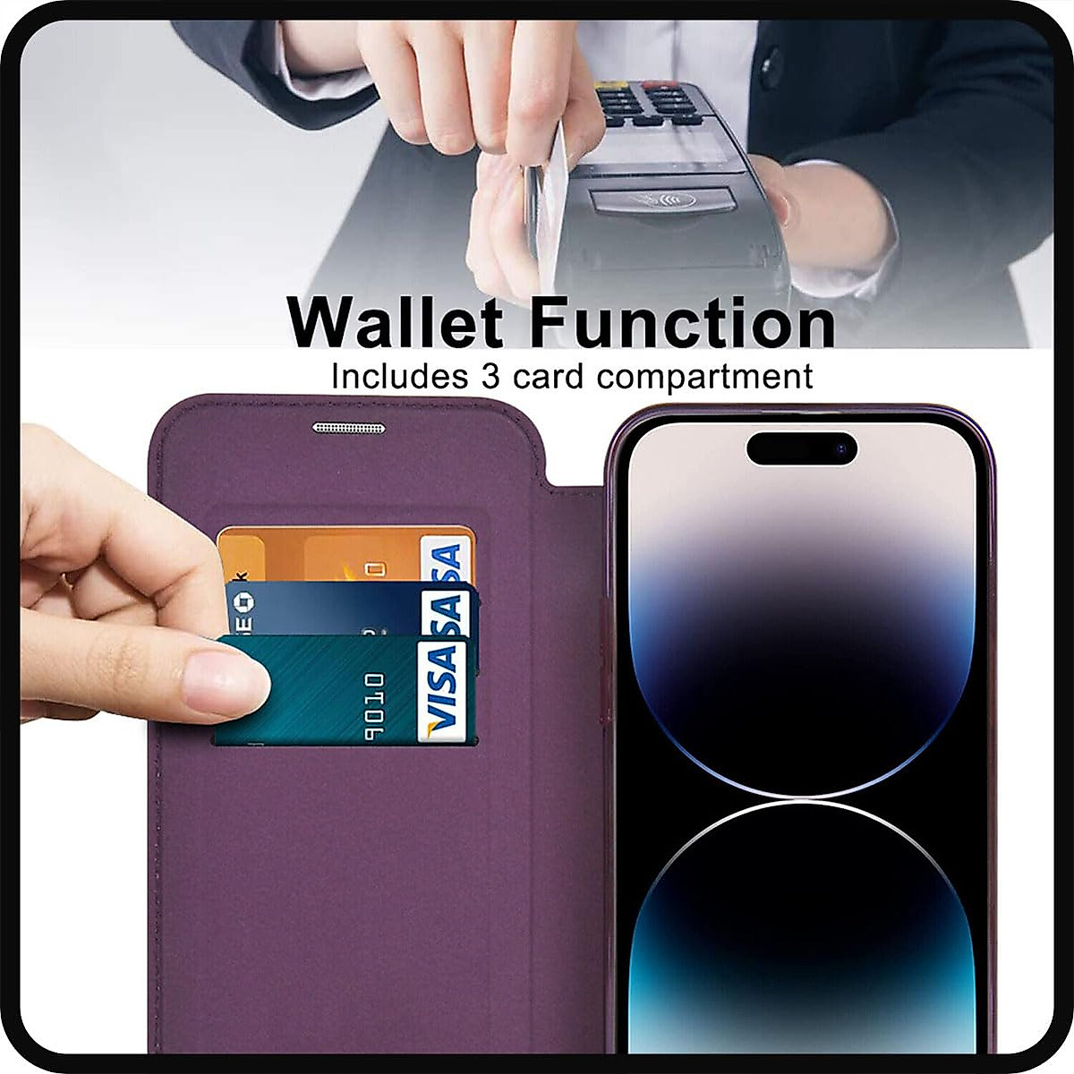 OSEVIO Transmitg Luxury Leather Flip Magnetic Phone Case with Card Holder, Transmitg Magnetic Leather Wallet Card Flip Transparent Case for iPhone 15 14 13 12 11 Pro Max (for iPhone 14 Pro,Brown)