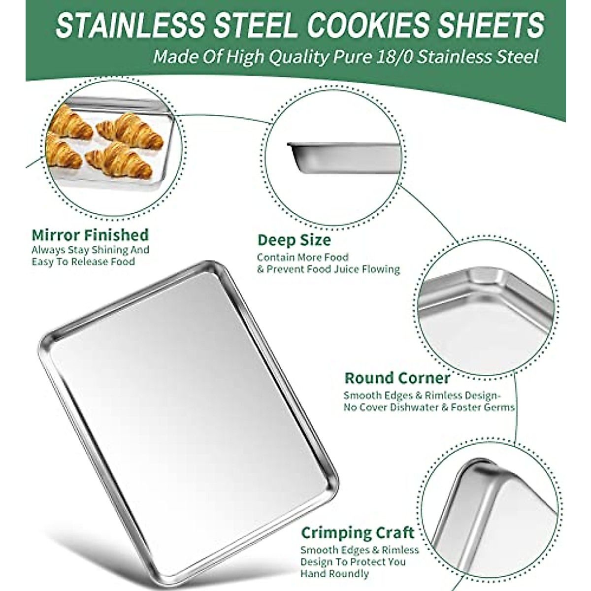 Baking Sheets Set of 2, HKJ Chef Cookie Sheets 2 Pieces & Stainless Steel Baking Pans & Toaster Oven Tray Pans, Rectangle Size 18 x 13 x 1 inch, Non Toxic & Healthy & Easy to Clean