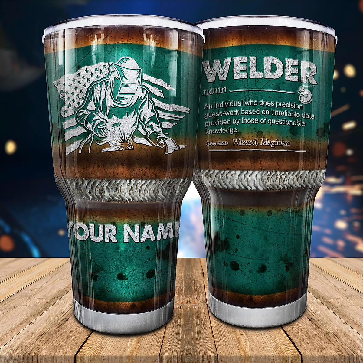 N NAMESISS All Over Printed Tumbler, Welder Blue Tumbler 30OZ, Metal Magician Welder Symbol Tumbler, USA Flag, Welder Tumbler Custom Your Name Gift for Father, Gift For Him, Welder Father's Day