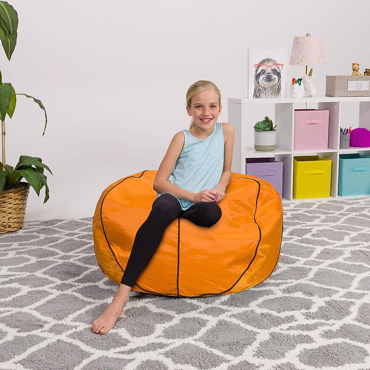 Posh Creations Kids Stuffed Animal Storage Bean Bag Chair Cover - Childrens Toy Organizer, Large-38in, Sports Basketball