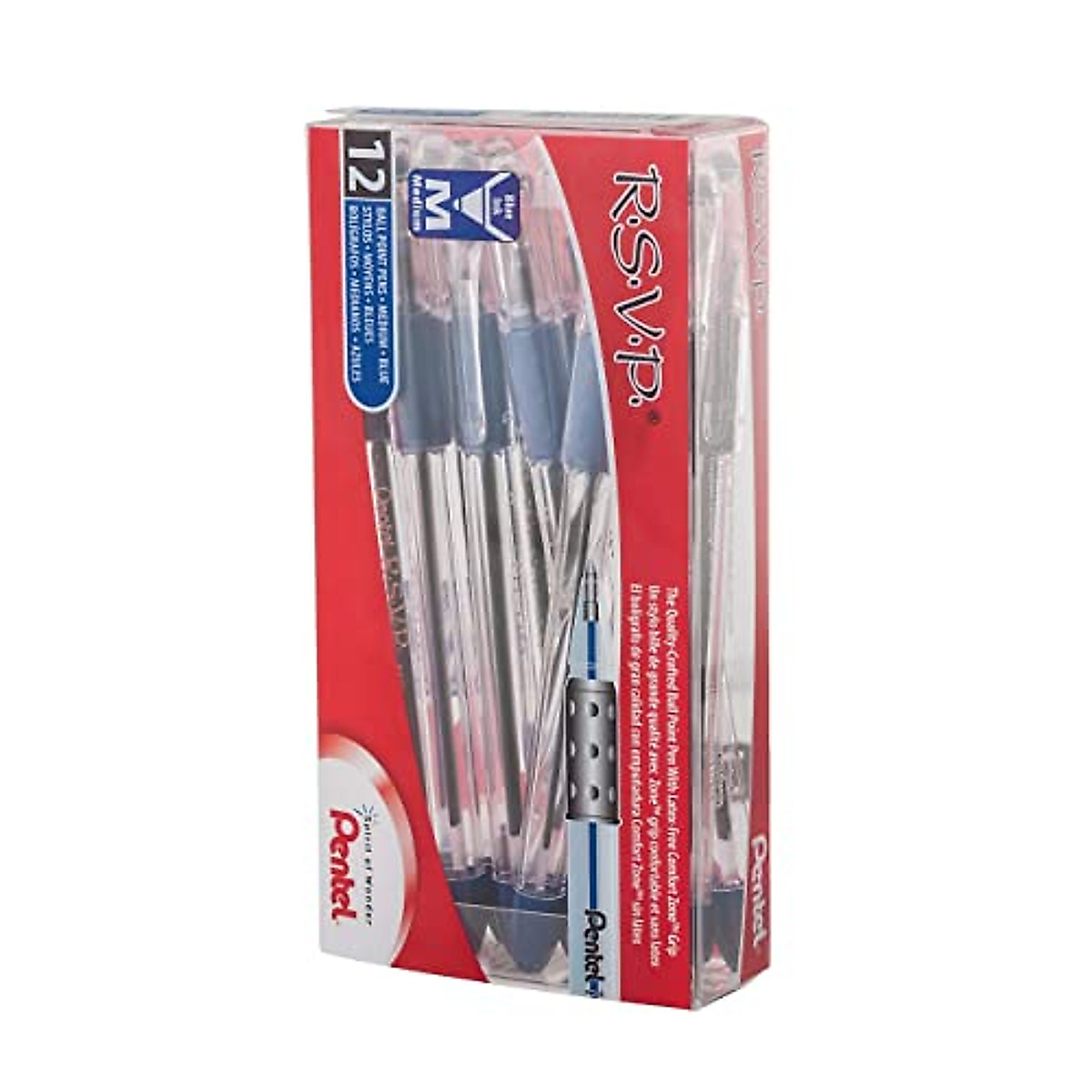 Pentel® R.S.V.P.® Ballpoint Pens, Medium Point, 1.0 mm, Clear Barrel, Blue Ink, Pack Of 12