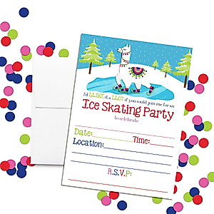 Colorful Llama Ice Skating Birthday Party Invitations, 20 5x7 Fill In Cards with Twenty White Envelopes by AmandaCreation