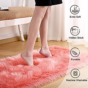 Rtizon 2 PCS Faux Fur Washable Rug, 2 x 5.9 Feet and 2 x 4 Feet Coral Fluffy Sheepskin Rug for Girls Bedroom Livingroom Floor Cushion Home Decor Bedside Carpet, Furry Chair Cover Seat Pad Mat