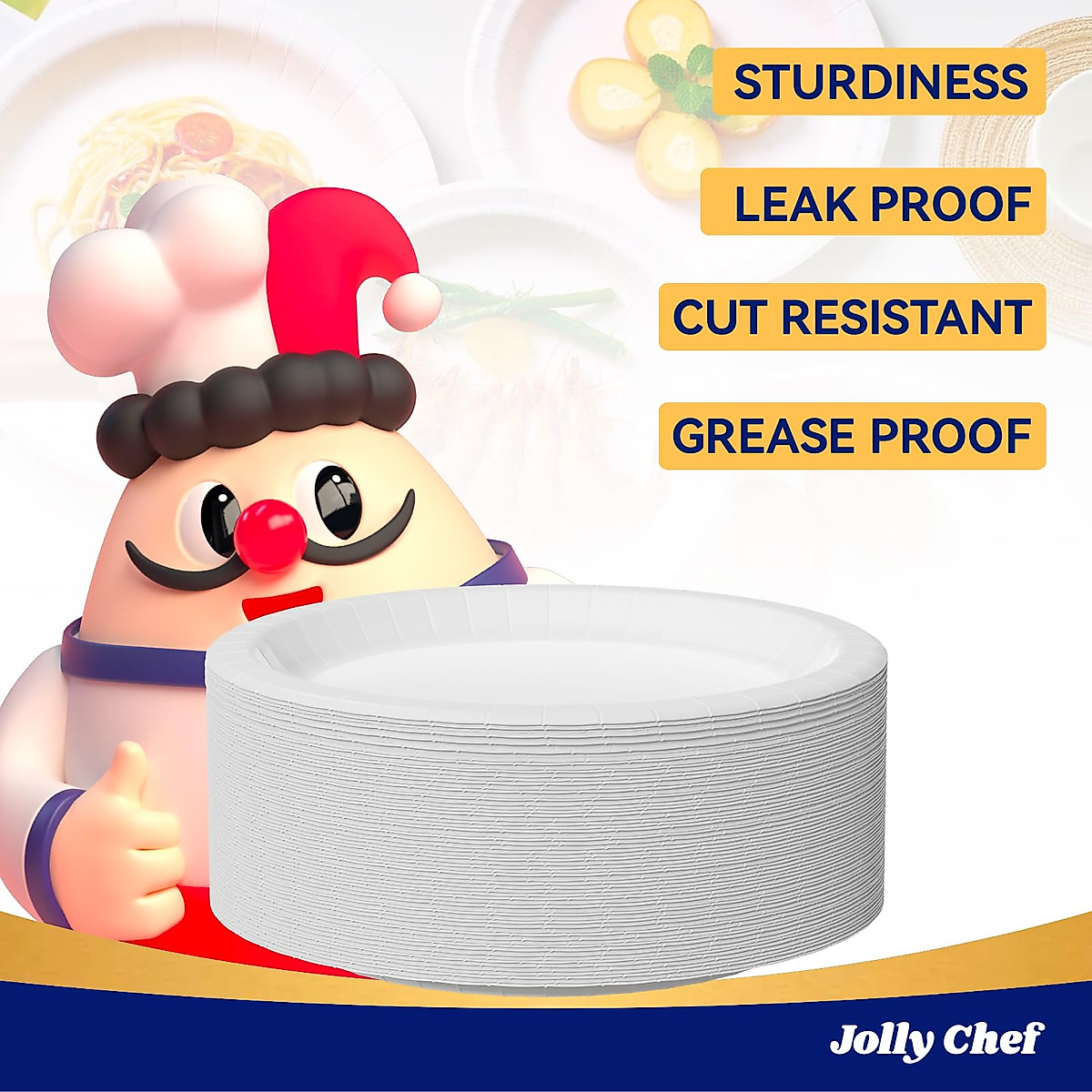 JOLLY CHEF10 inch 140 Pack Disposable Paper Plates,Soak Proof, Cut Proof, Microwave Safe Heavy Duty Paper Plates Everyday Use