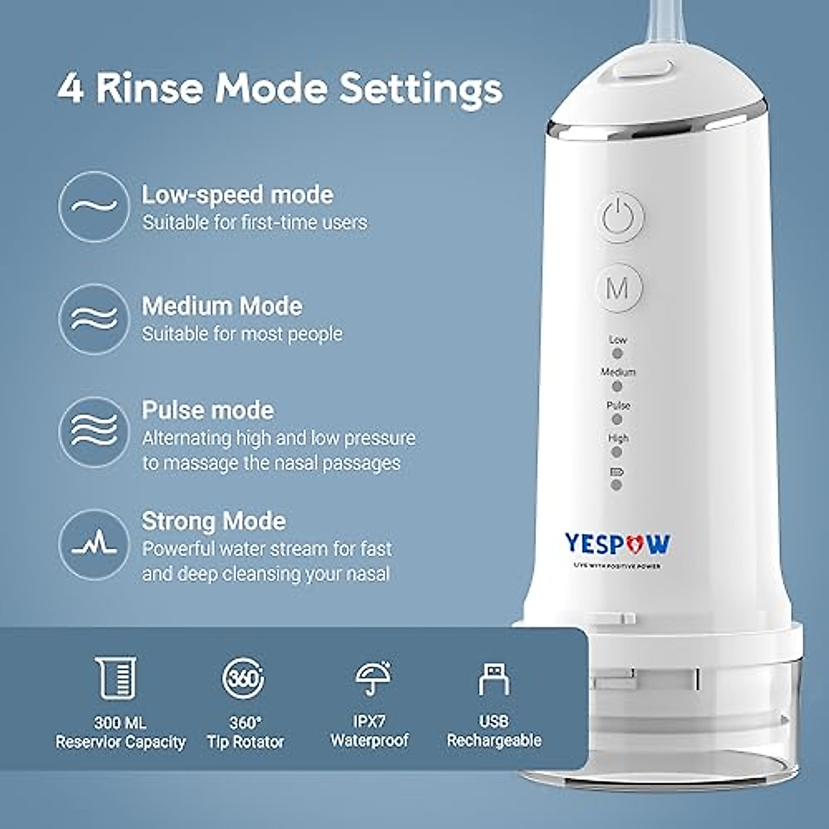 Nasal Irrigation System - 𝐘𝐄𝐒𝐏𝐎𝐖 Electric Neti Pot Nose Cleaner - Sinus Rinse Machine with 𝟒 𝐌𝐨𝐝𝐞𝐬 for Nose Wash - Nasal Irrigator with 𝟒𝟎 Packets Saline for Sinus Flush and Relief