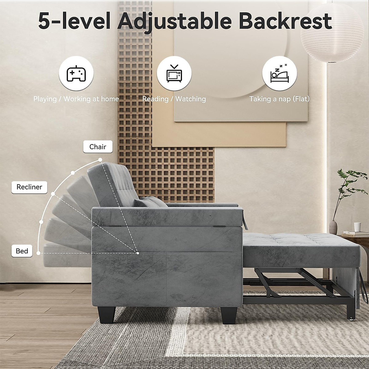 Buenhomino 3 in 1 Convertible Sofa Bed, Modern Futon Pull Out Sleeper Couch, 48'' Velvet Loveseat Chaise Lounge with Adjustable Backrest Pillows, Hidden Side Table for Living Room, Small Space Grey