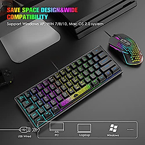Gaming Keyboard and Mouse Combo Mini Portable with Chroma RGB Backlit Ergonomic 62Key Layout 19Key Anti-ghosting Mechanical Feel 3200DPI Honeycomb Mice USB Wired for PC Mac Gamer Laptop Typists(Black)
