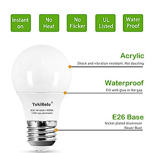 YukiHalu A15 LED Light Bulbs, 60W Equivalent, E26 Base, 2700K/3000K/5000K White, 7W 600 Lumens 120V, UL Listed, Ceiling Fan Light Bulbs, Appliance Bulb, Not Dimmable, Pack of 6 (5000K Daylight White)