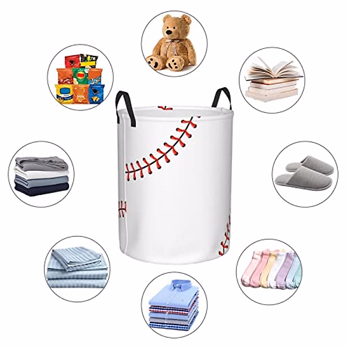 Gbuzozie 38L Round Laundry Hamper Red Stitching Baseball Storage Basket Waterproof Coating White Ball Organizer Bin For Nursery Clothes Toys