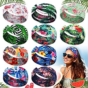 10 Pcs Women's Headbands Beach Boho Headbands Summer Hawaii Knotted Headbands Elastic Turban Head Wrap Floral Vintage Headband Bohemian Twisted Criss Yoga Hair Band Accessories for Girl and Women