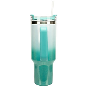 100 North | 40 oz Stainless Steel Double Wall Insulated Ombre Glitter Travel Tumbler With Handle, Straw, and Lid, Spider Web Ghost Flowers White/Teal