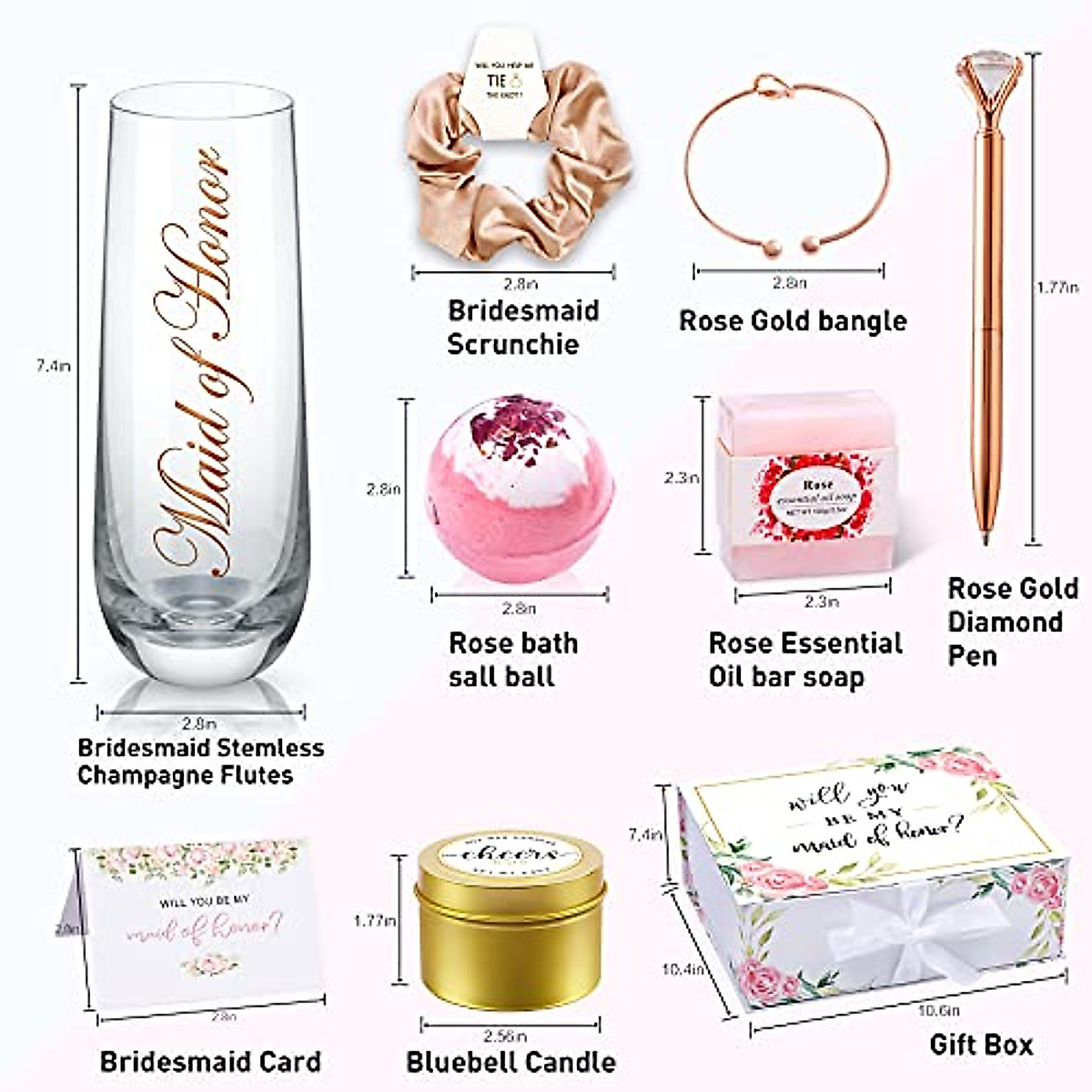 Gemwi Maid of Honor Spa Gift Box, Maid of Honor Stemless Champagne Flutes, Maid of Honor Proposal, Will You Be My Maid of Honor, Bridal Party, Wedding or Bachelorette Party