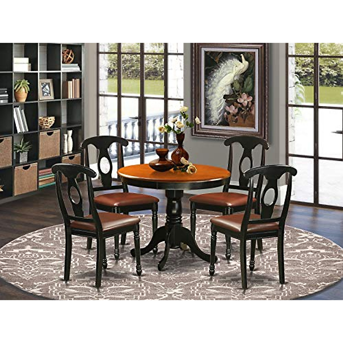 East West Furniture ANKE5-BLK-LC 5 Piece Kitchen Table & Chairs Set Includes a Round Table with Pedestal and 4 Faux Leather Dining Room Chairs, 36x36 Inch, Black & Cherry