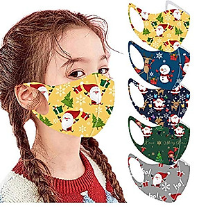 Mallocat 5PC Kids Face_Masks Christmas Print Breathable Seamless Reusable Washable Cotton Cloth Face Bandanas Shields Protective for Children Students Back to School