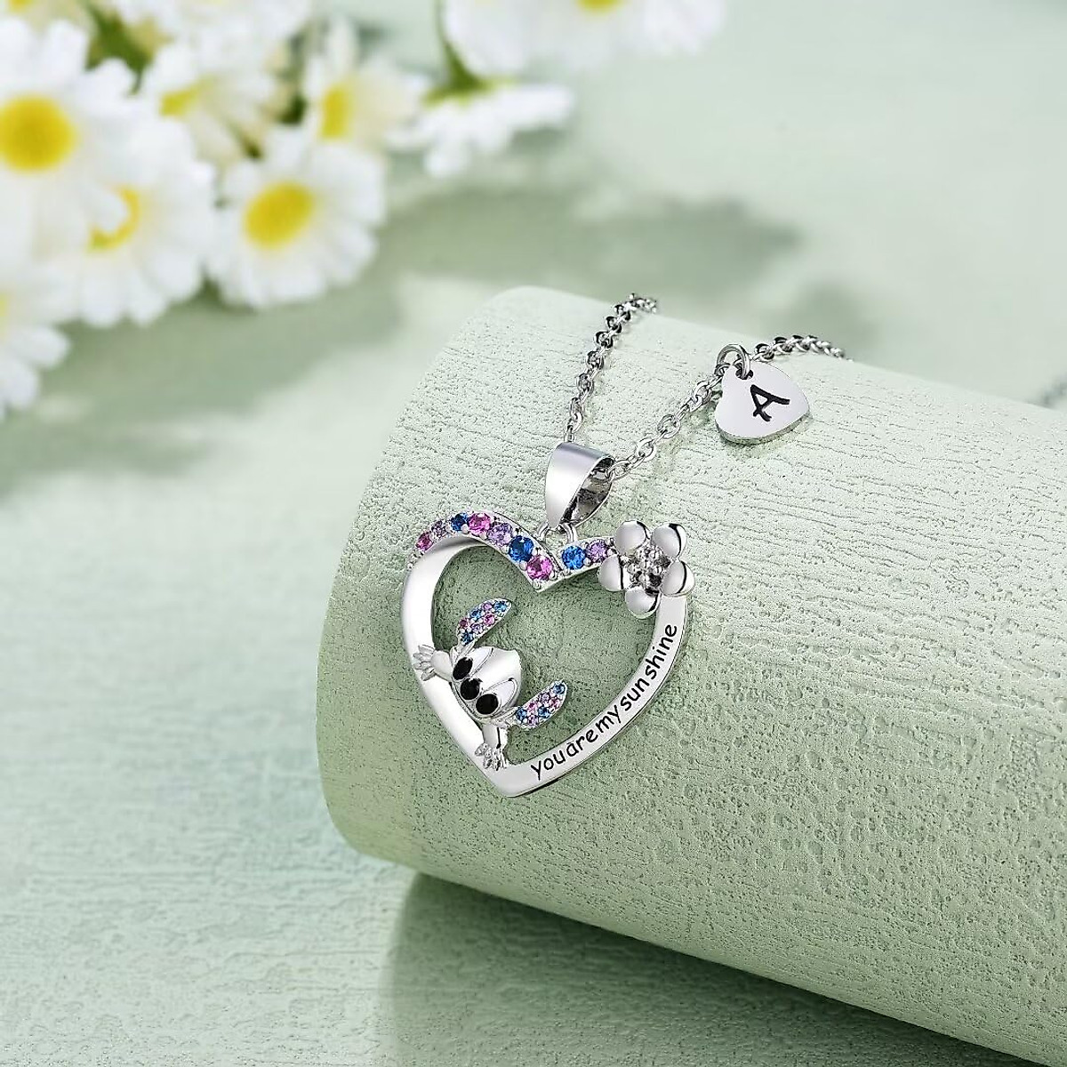 QUEENMOMENT Stitch Necklace Gifts for Kids Girls Ohana Necklace You are My Sunshine Birthday Stitch Jewelry for Daughter Granddaughter Niece Teen Little Girl Silver K