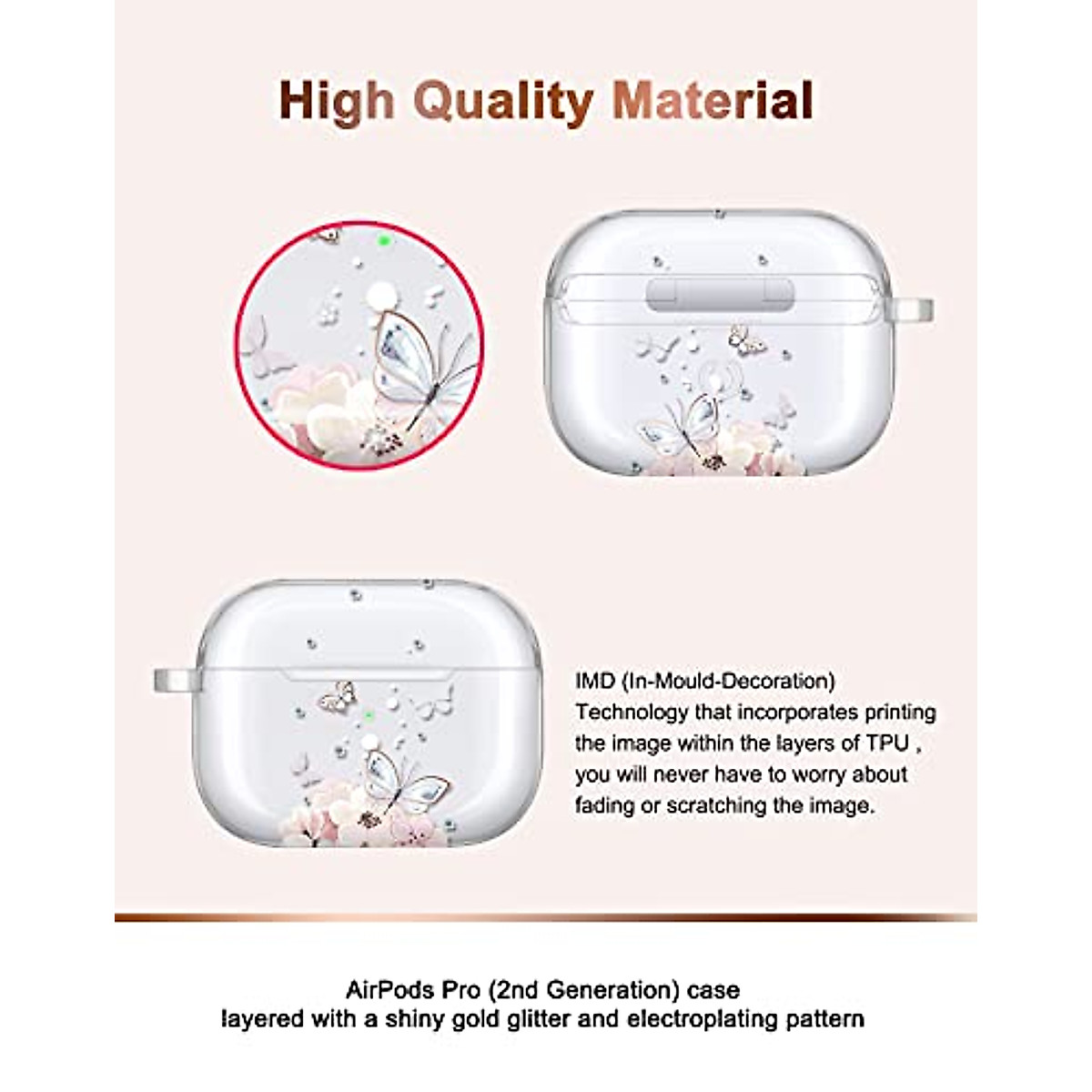 JAHOLAN for Airpods Pro 2nd Generation Case Cover Gold Plated Butterfly Design Protective TPU Skin for Women Girl with Keychain Compatible with AirPods Pro 2019/Pro 2 Gen 2022, Flower Pink