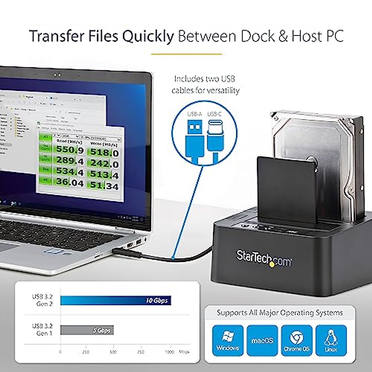 StarTech.com Standalone Hard Drive Duplicator, External Dual Bay HDD/SSD Cloner/Copier, USB to SATA III Docking Station