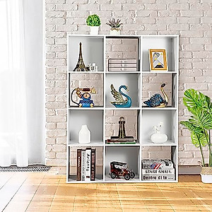 SUPER DEAL 12-Compartment Open Shelf Bookcase 47 inch Wide Bookshelves Wood Storage Organizer Display Cabinet with 6 Removable Back Panels for Living Room Bedroom, Vertical or Horizontal, White