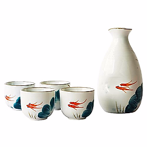 Caalio Japanese Sake Set - Porcelain Sake Tokkuri Bottle 8 fl oz and Four Sake Ochoko Cups 2 fl oz Sake Cups Soju Tea Set(Goldfish)
