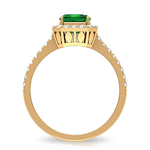 Rosec Jewels Lab Grown Emerald Diamond Halo Engagement Ring, AAAA Quality, Certified Emerald 6X8 MM Emerald Cut Engagement Ring, 14K Yellow Gold, Size:US 7.00