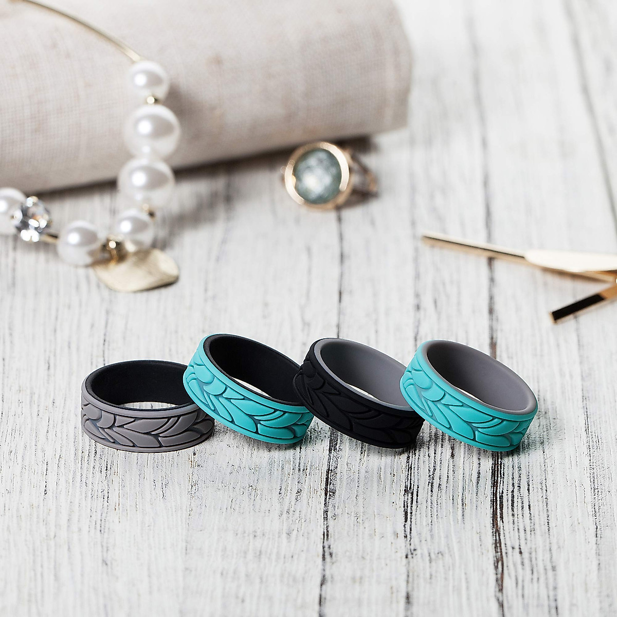 ThunderFit Silicone Rings for Women, Patterned Design Wedding Bands - 1/4/7 Variety Multipack (Teal-Black, Black-Grey, Teal-Grey, Grey-Black, 6.5-7 (17.3mm))