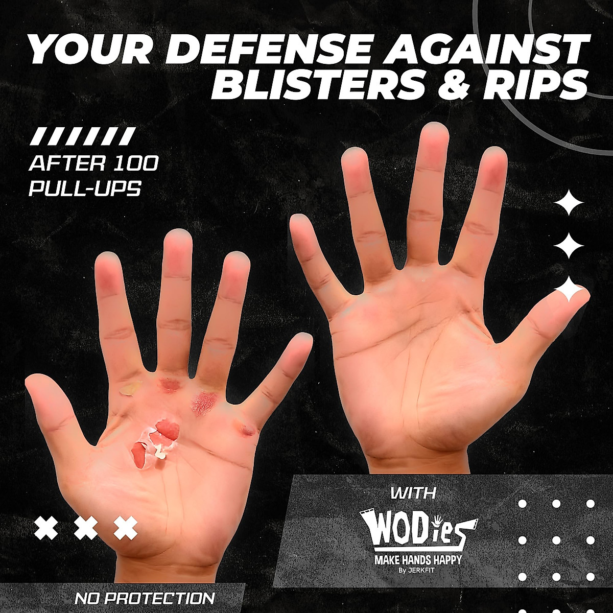 JerkFit WODies Black 3 Hole Gymnastics Grips with Wrist Support (Large) - Latex Free Elastic Pull Up Grip for Cross Training, WODs, Weightlifting - Workout Grips for Men and Women for Palm Protection