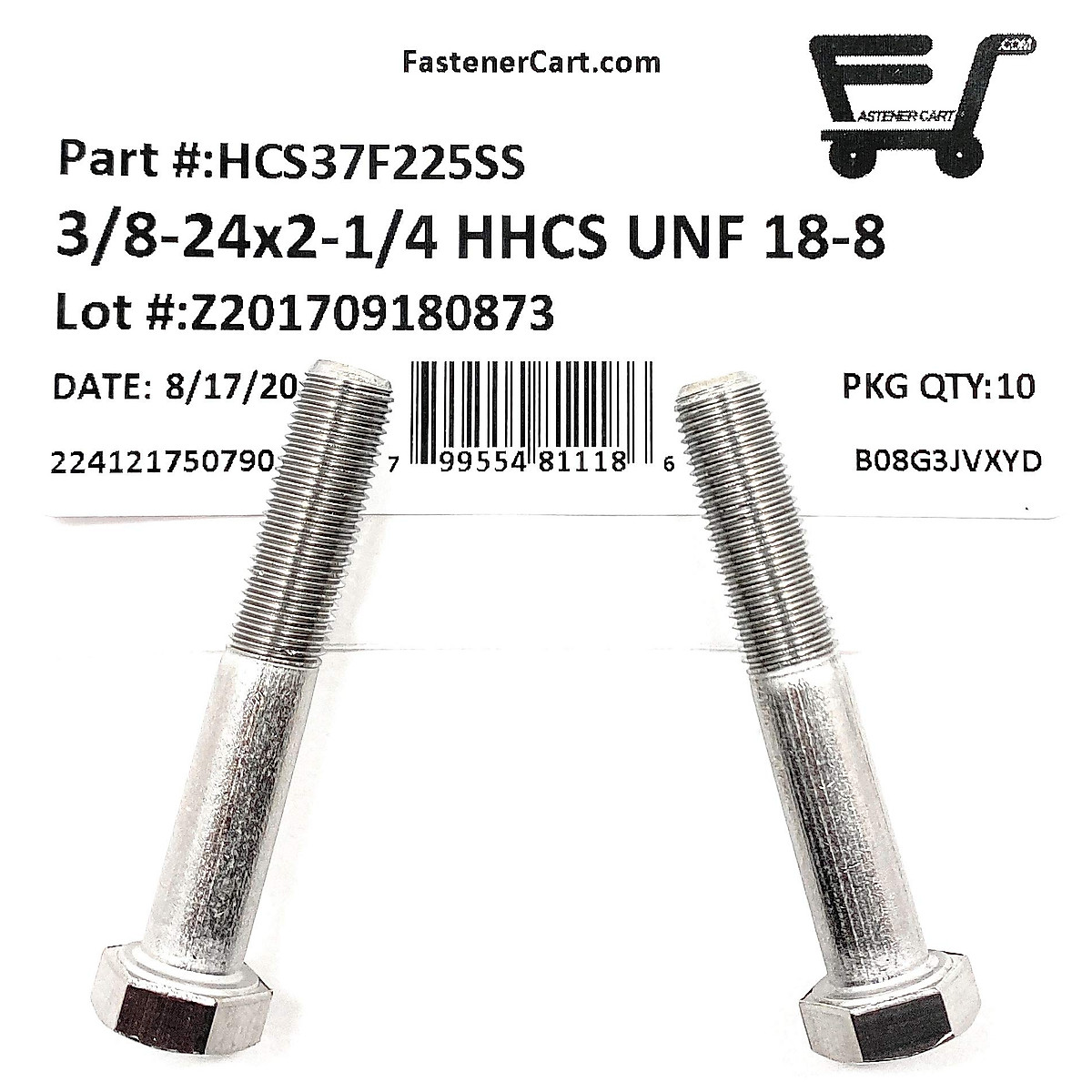 3/8-24x2-1/4 Stainless Steel Hex Cap Screws FT Hex Bolts 18-8 (UNF) FINE Thread - (10 pcs)