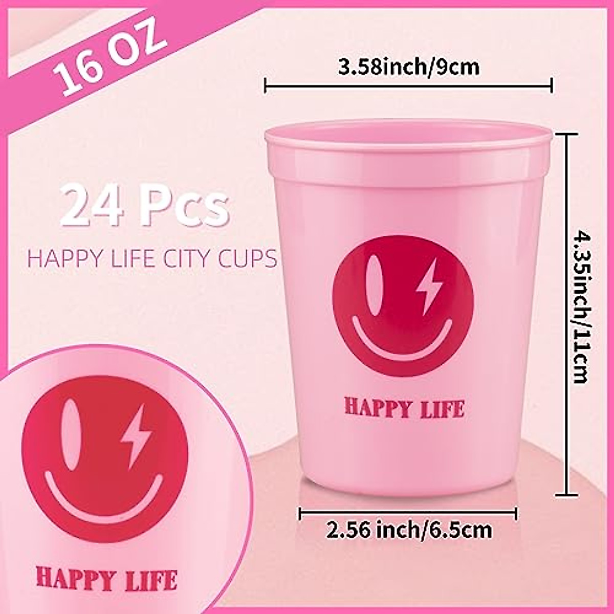 24 Pcs Preppy Party Plastic Cups 16oz pink Smile Face Drinking bar Cups bulk Reusable Plastic shatterproof Stadium Cups Personalized beer Mugs for Preppy Birthday friends parties Bachelorette Party