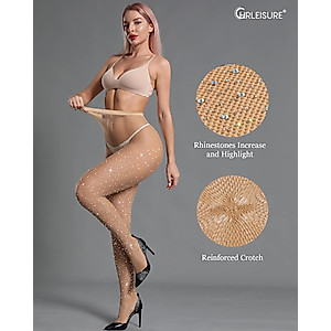 CHRLEISURE Women's Sparkle Rhinestone Fishnets, Sexy Sparkly Glitter Party Concert Outfit Fishnet Stockings (Skin)