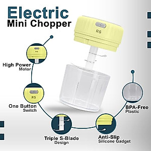 Real Simple Electric Mini Food Processor | Great for Garlic, Onion, Ginger, Jalapeño, Mini Chopper for Quick Food Prep Station | Portable USB Charging, 250 ML Food Container | Yellow