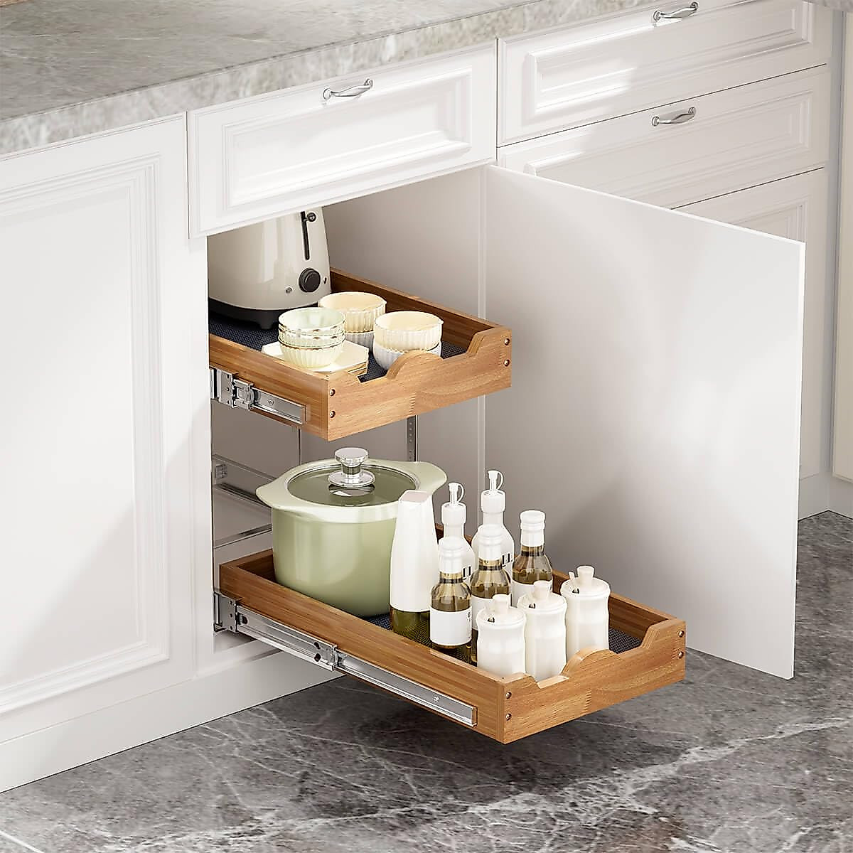 OCG Pull Out Drawers For Cabinets 14" W x 21" D, 2 Tier Heavy-Duty Slide out Wood Drawer Shelf, Pull Out Drawer for Cabinets, Base Cabinet Organization ​for Kitchen, Pantry, Bathroom