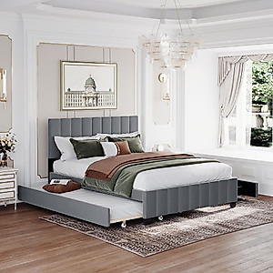Harper & Bright Designs Queen Size Upholstered Bed with 1 Twin XL Trundle and 2 Storage Drawers, Velvet Platform Bed Wood Frame, No Box Spring Needed (Gray)