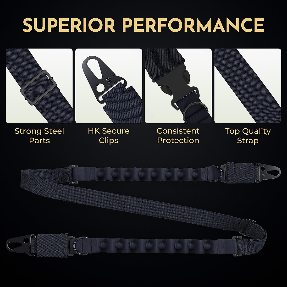 Flexible Two Point Rifle Sling — Extra Long, Adjustable, Shoulder Padded and Versatile — Made of High Density Nylon Metal Hook — Incl. Bandana and 2 Skill Improvement eBooks