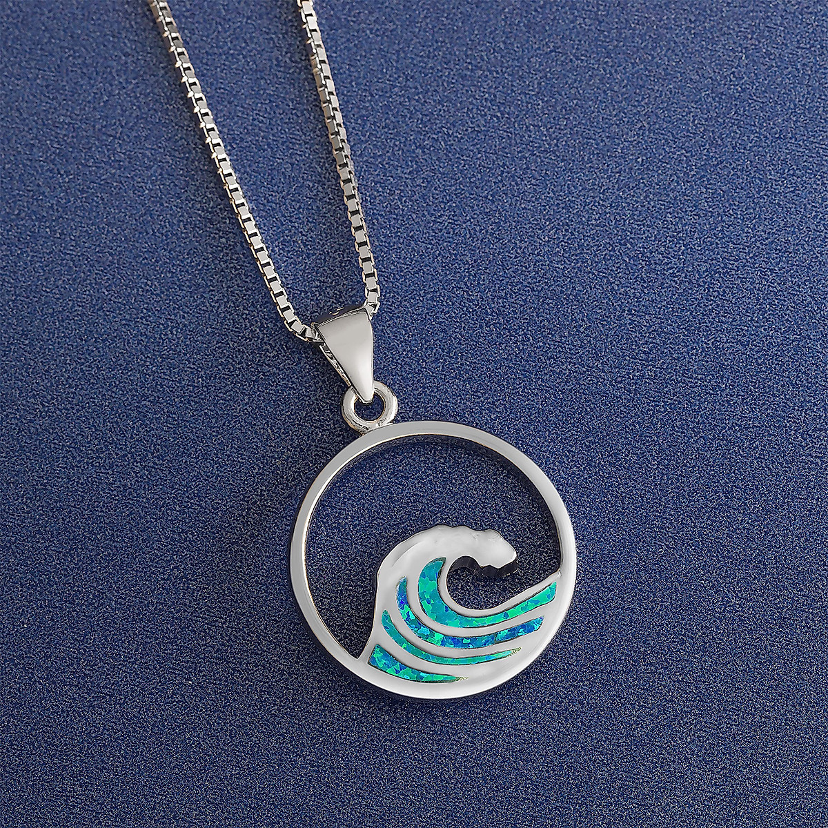 Aloha Jewelry Company Sterling Silver Created Blue Opal Wave Neckalce Pendant with 18" Box Chain
