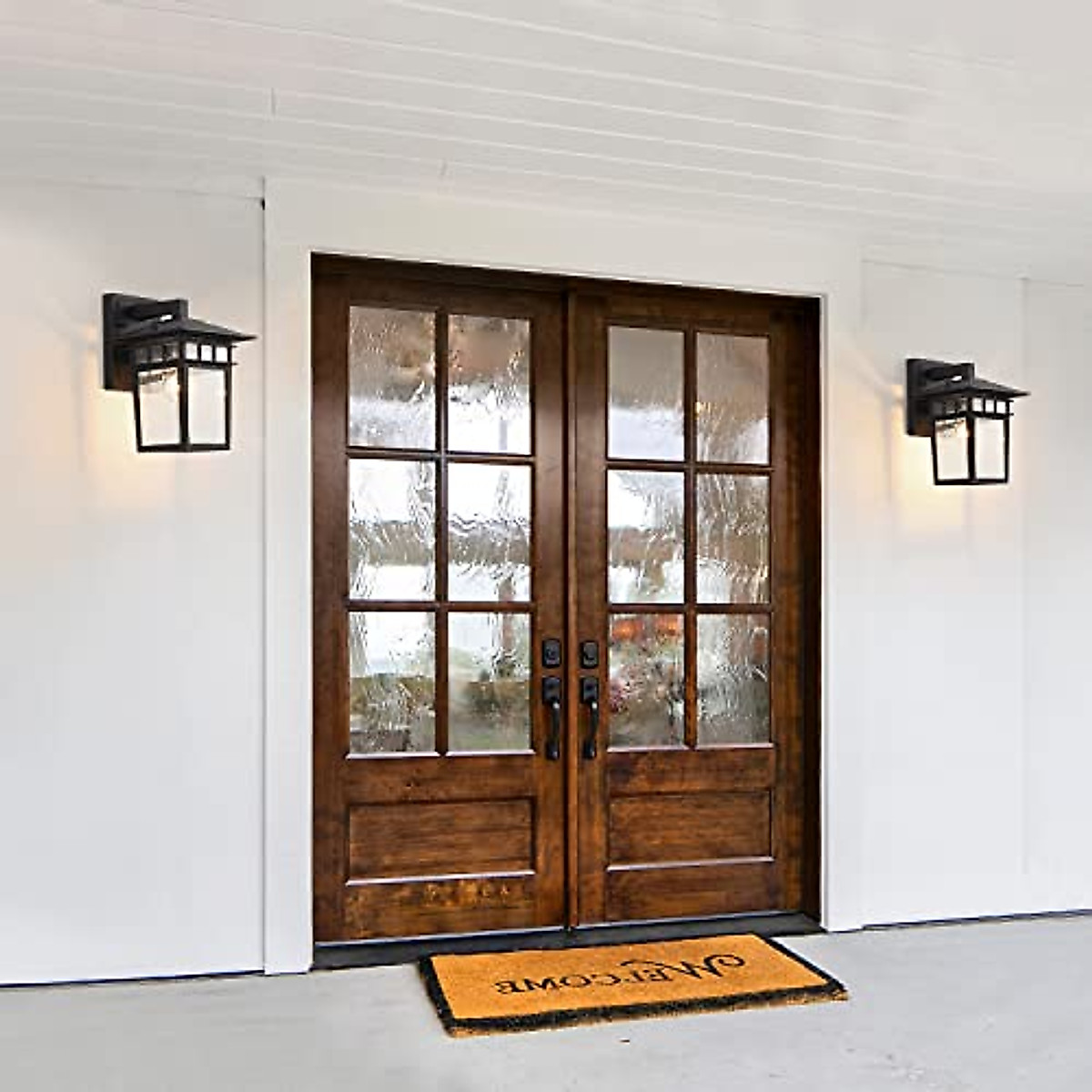 Smeike Outdoor Wall Lantern, Exterior Lighting Fixtures Wall Mount, 2 Pack Black Outdoor Sconce with Seeded Glass, Exterior Porch/Patio Lights for House Front Door Garage