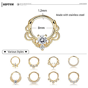 Drperfect 9PCS 16G Septum Rings Opal Daith Earrings Hoop Nose Rings 316L Stainless Steel CZ Cartilage Helix Tragus Earrings Septum Clicker Piercing Jewerly Gold Tone 8MM